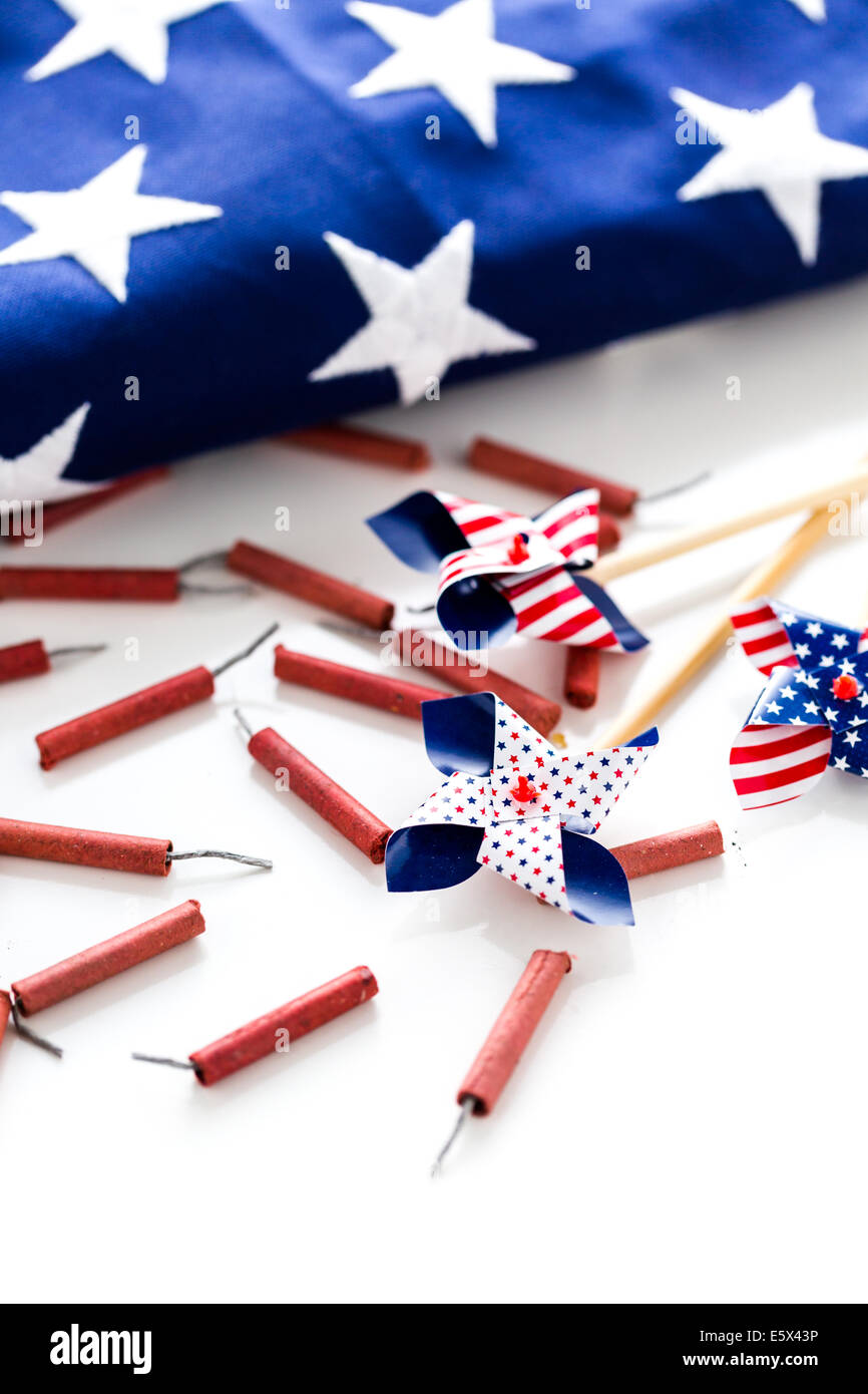 Roll of firecrackers with American flag on a white background Stock ...