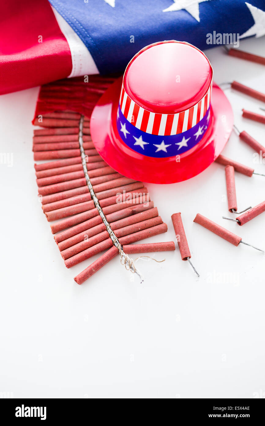 Roll of firecrackers with American flag on a white background Stock ...