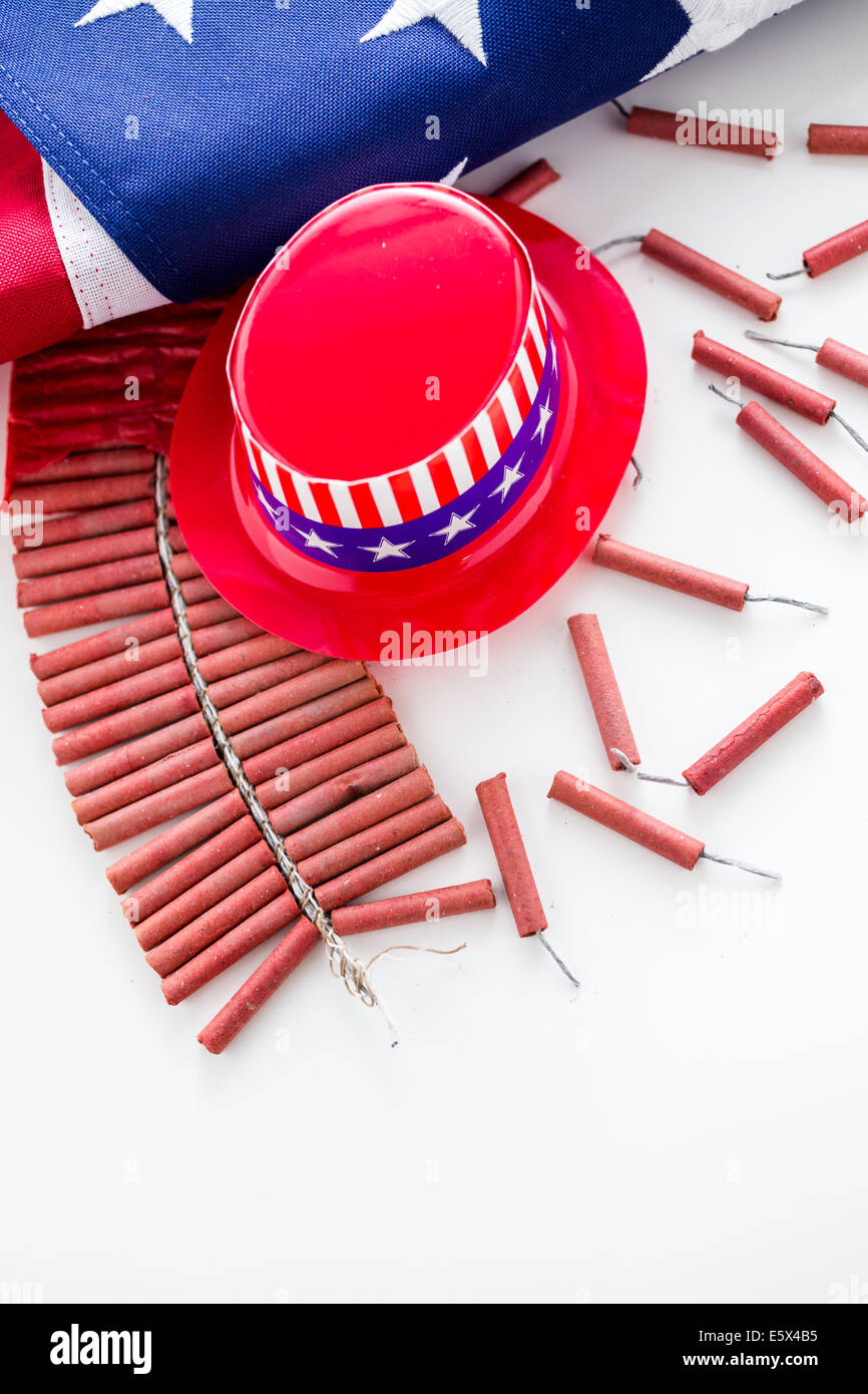 Roll of firecrackers with American flag on a white background Stock ...