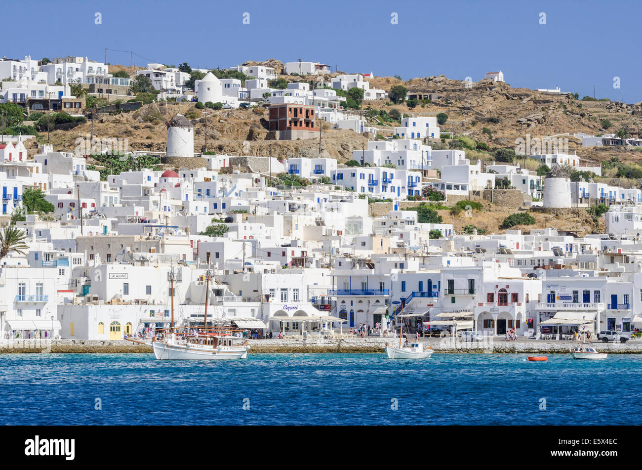 Waterfront whitewashed buildings of Mykonos Town, Mykonos, Cyclades ...