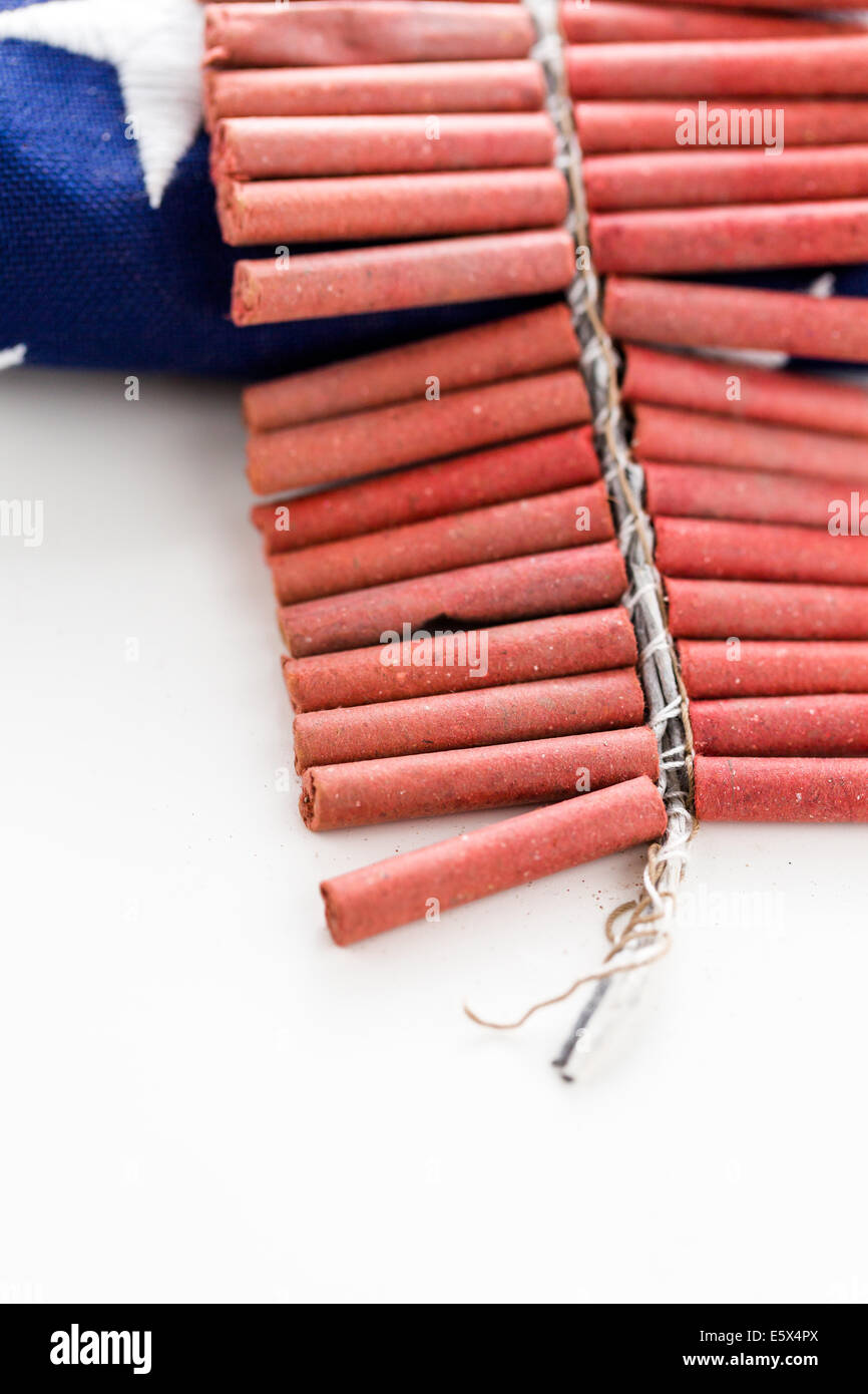 Roll of firecrackers with American flag on a white background Stock ...