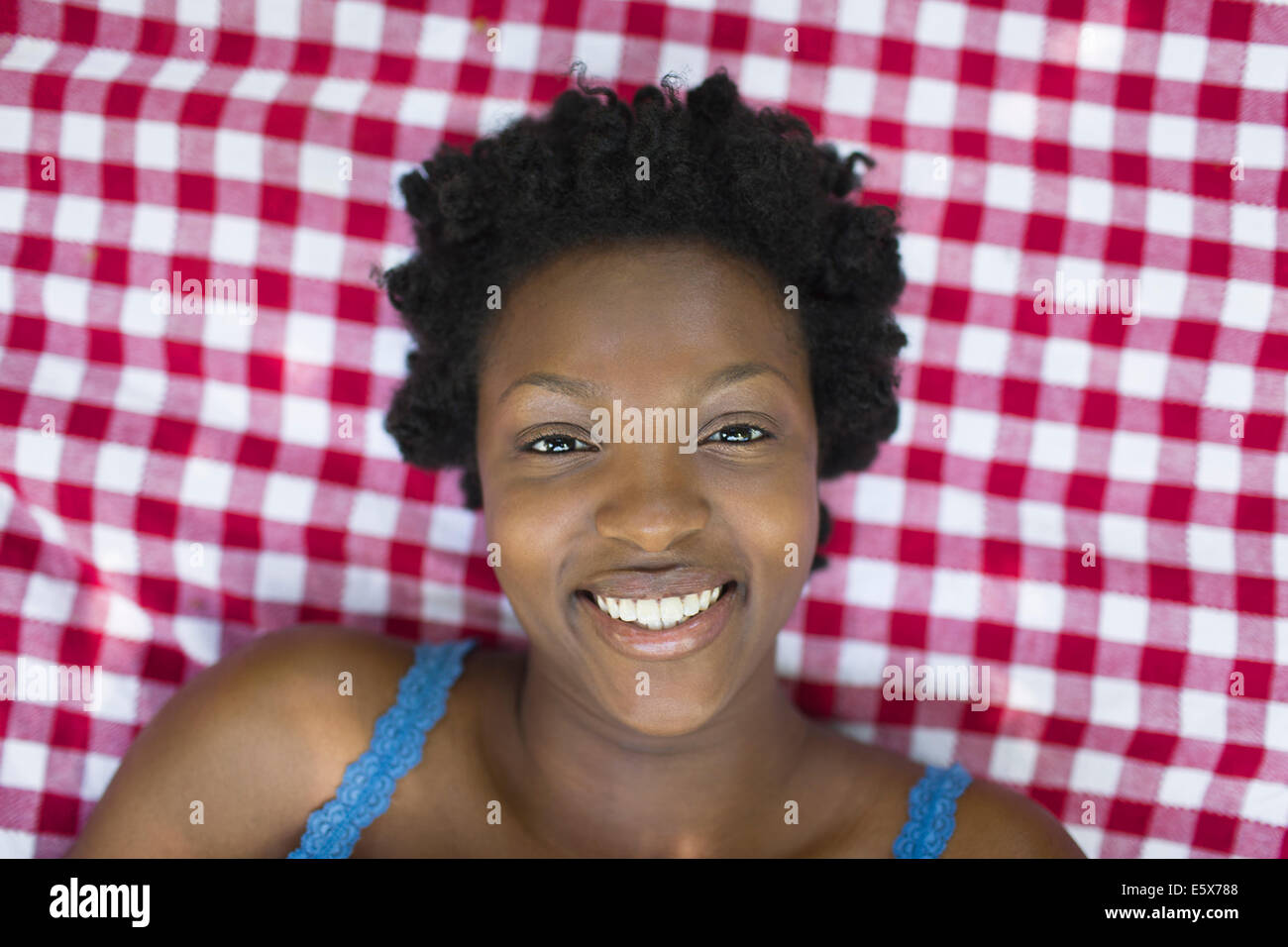 Overhead portrait of young woman lying on picnic blanket Stock Photo ...
