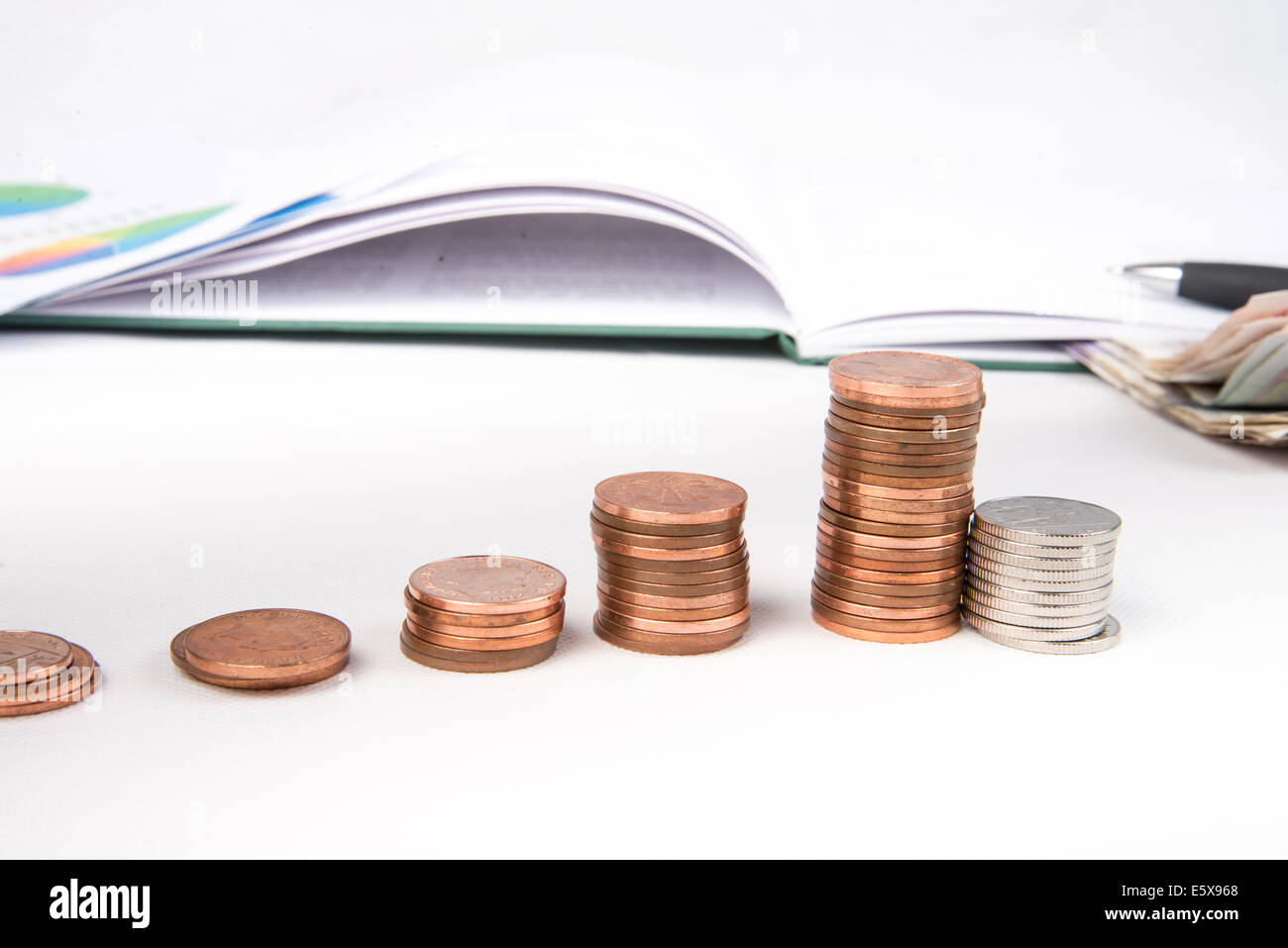 British pound coins and notes with financial chart Stock Photo - Alamy