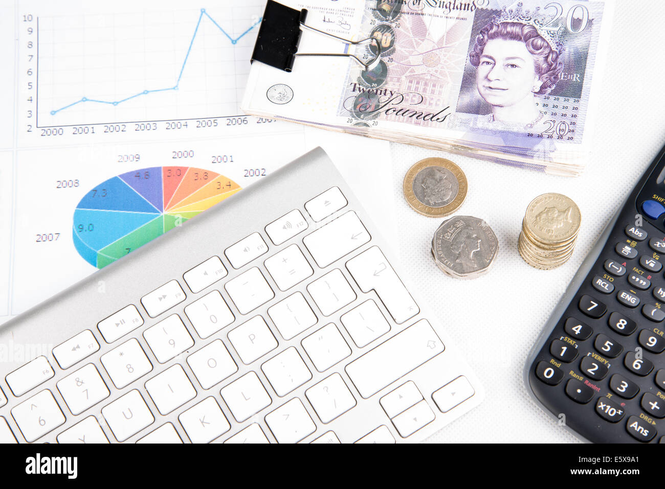 British pound coins and notes with financial chart Stock Photo - Alamy