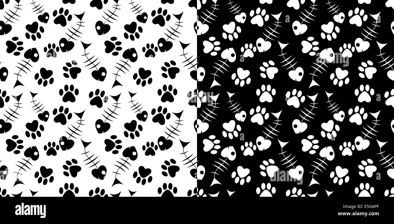 set of seamless pattern with cat`s paw and fish Stock Photo - Alamy