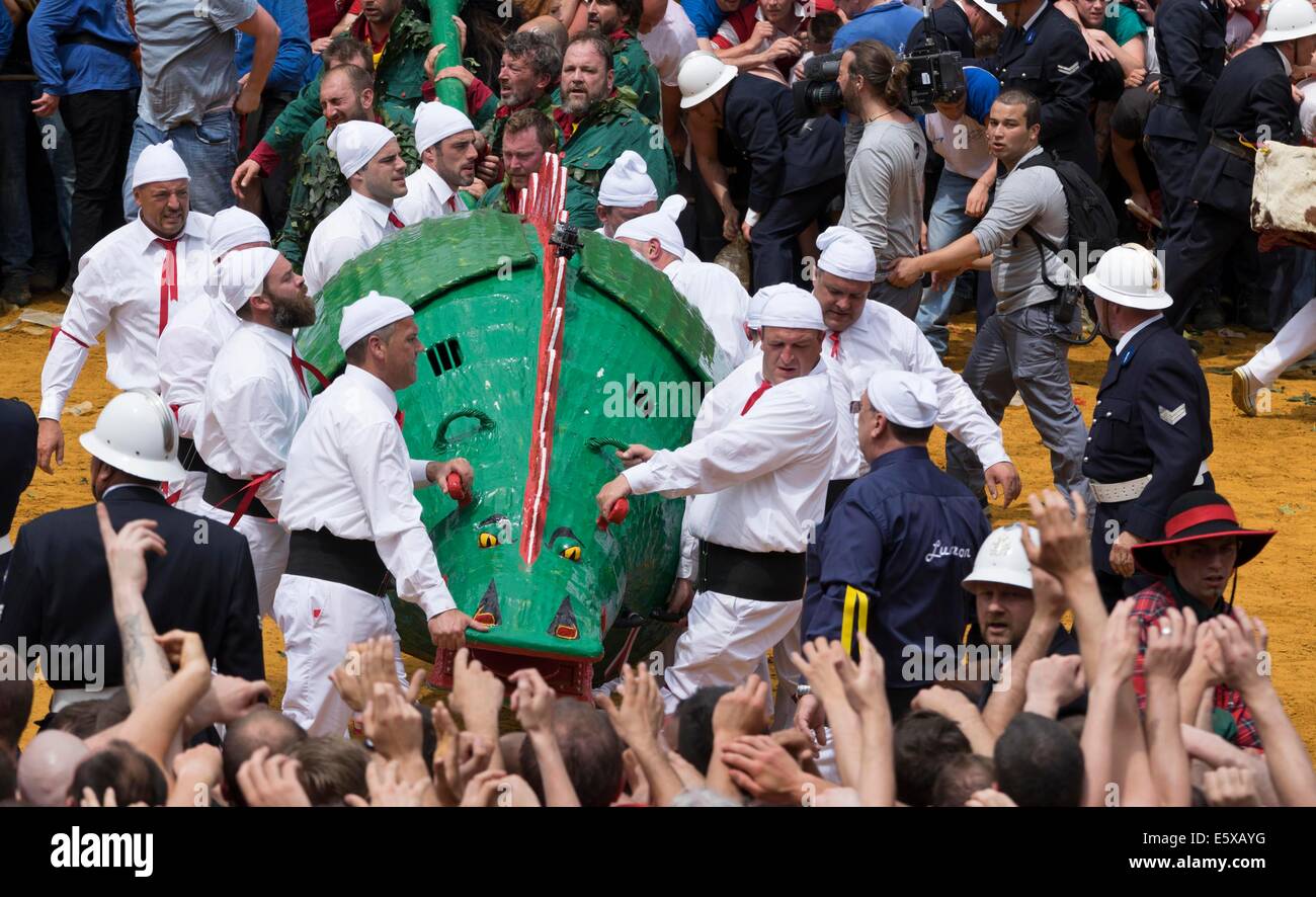 City festival Doudou (Ducasse) in Mons Saint George fighting the dragon ...
