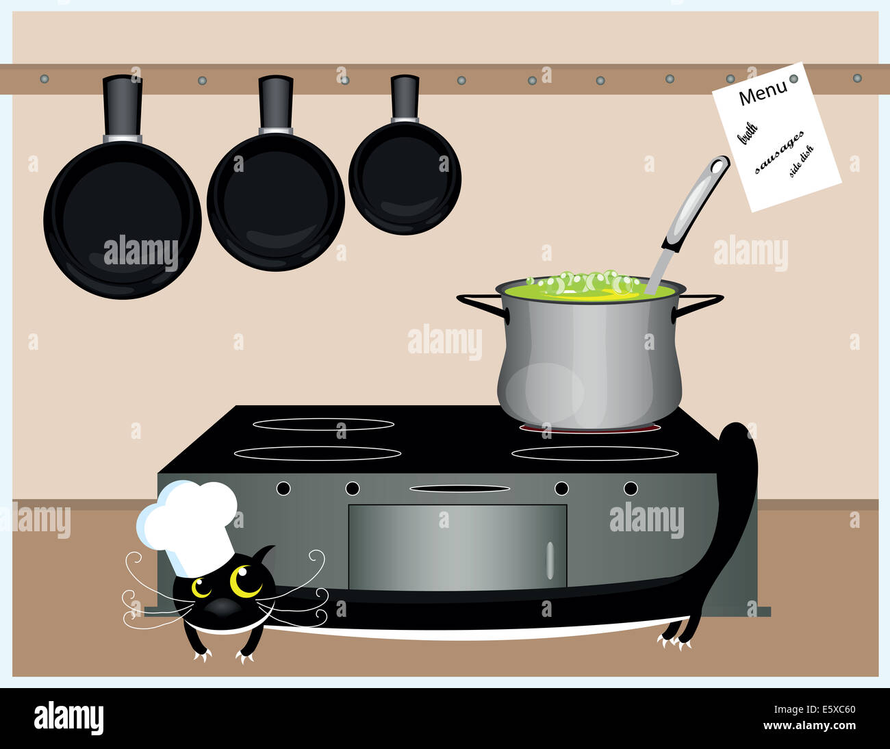 big black cat cooking soup in the kitchen Stock Photo - Alamy