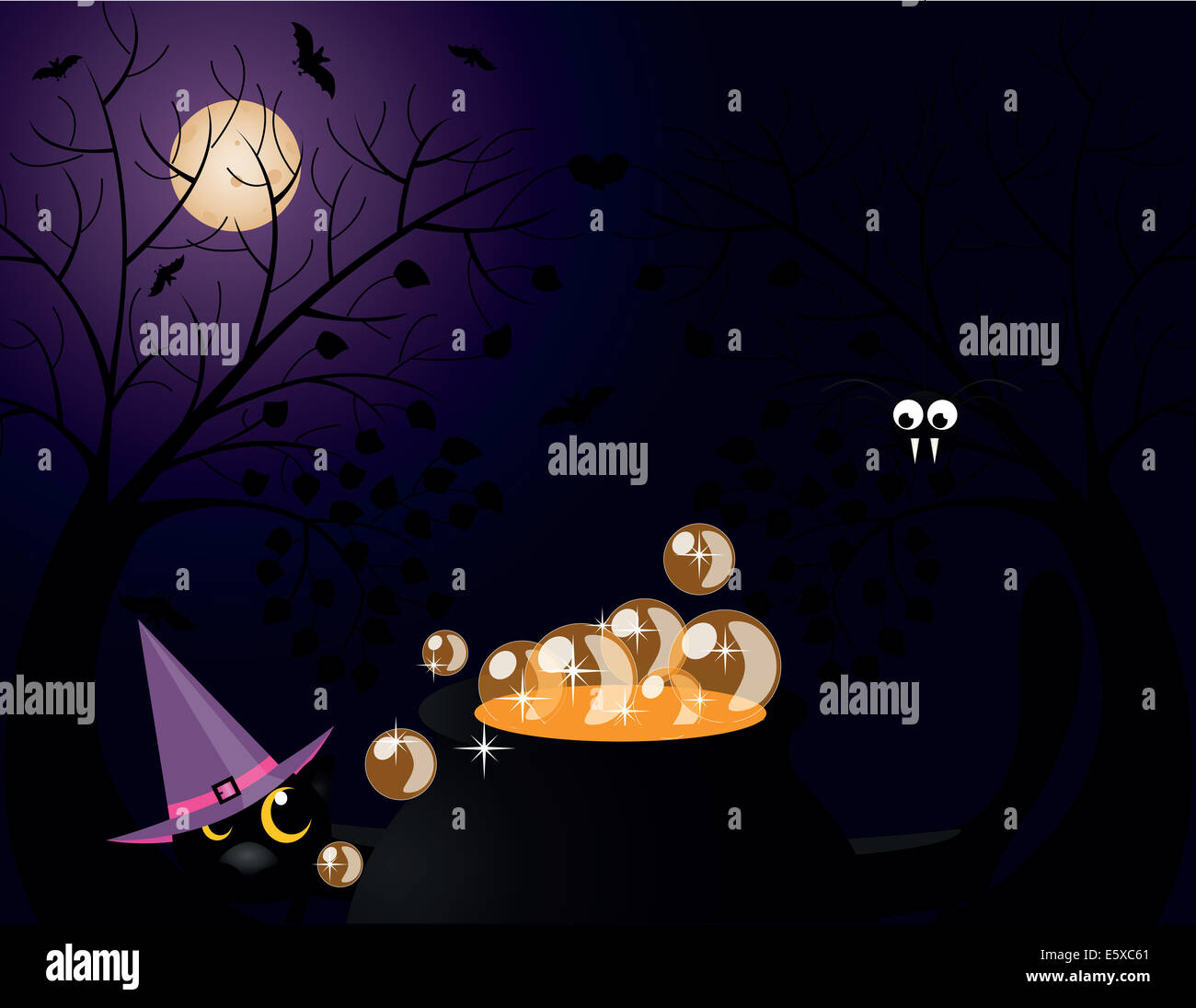 halloween critters with cat, Moon, bat, spider Stock Photo - Alamy