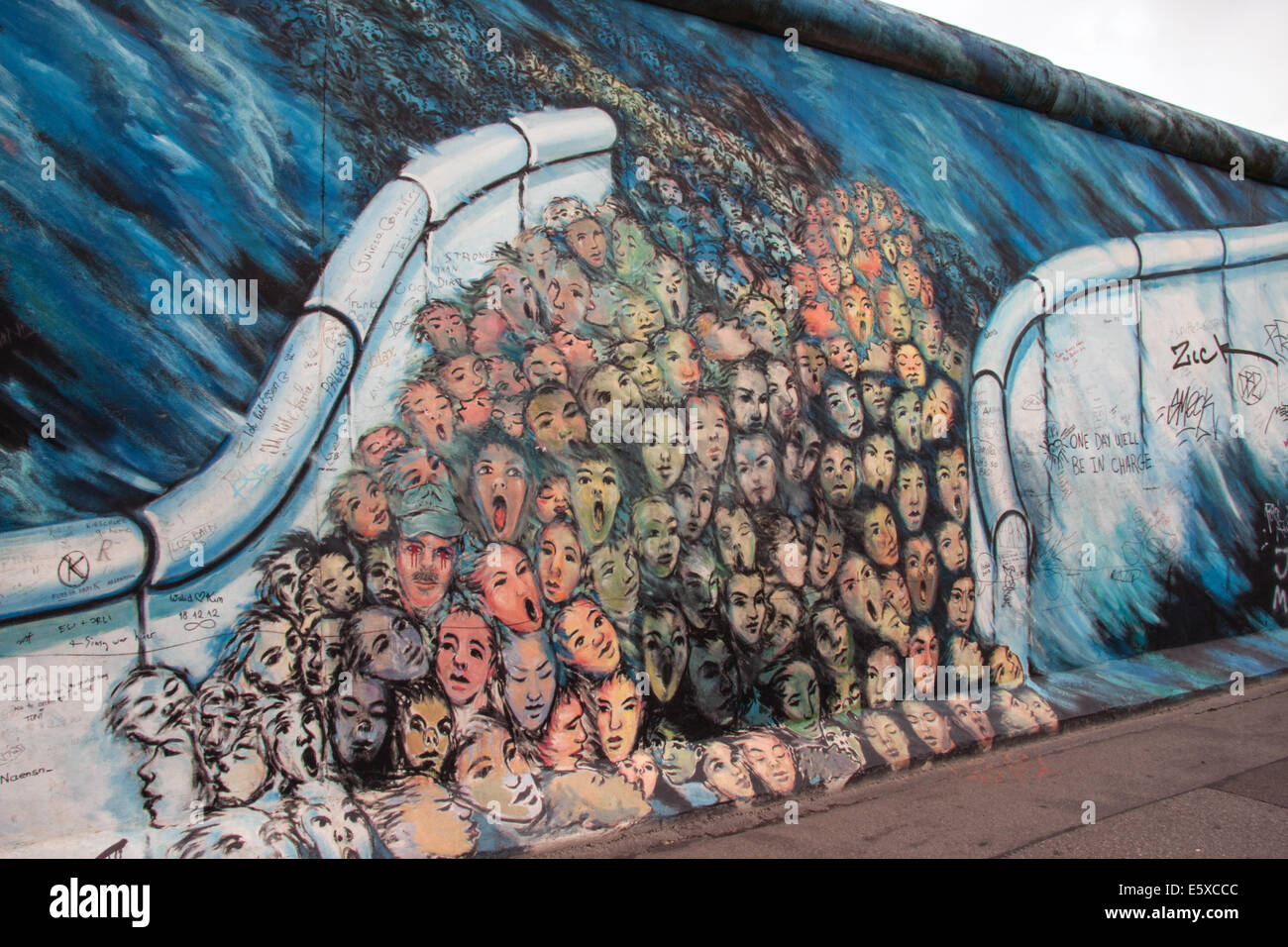 Artwork on the Berlin Wall, at 'East Side Gallery', depicting a crowd ...