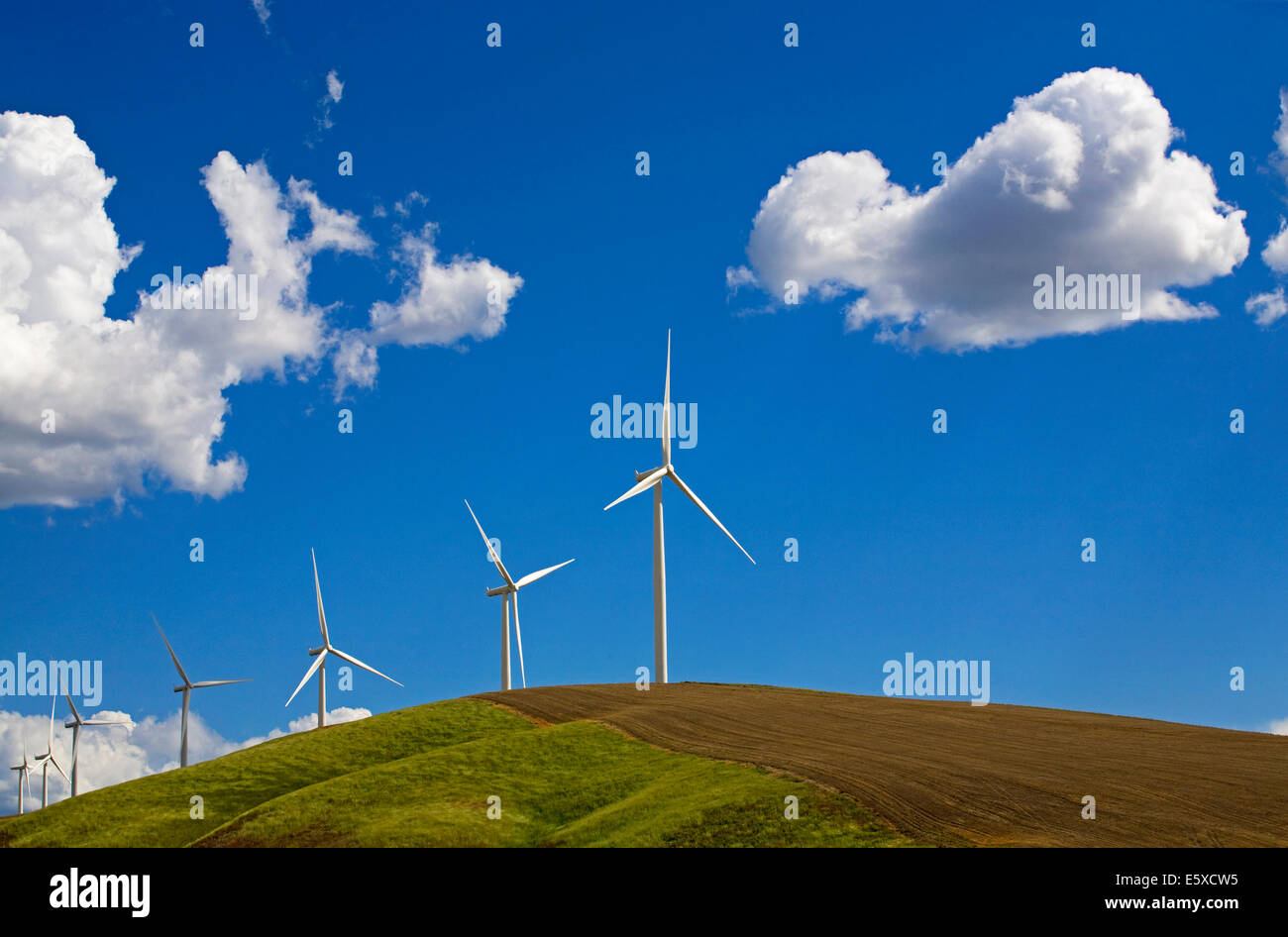 A wind farm with giant wind turbines in the remote Palouse Empire ...