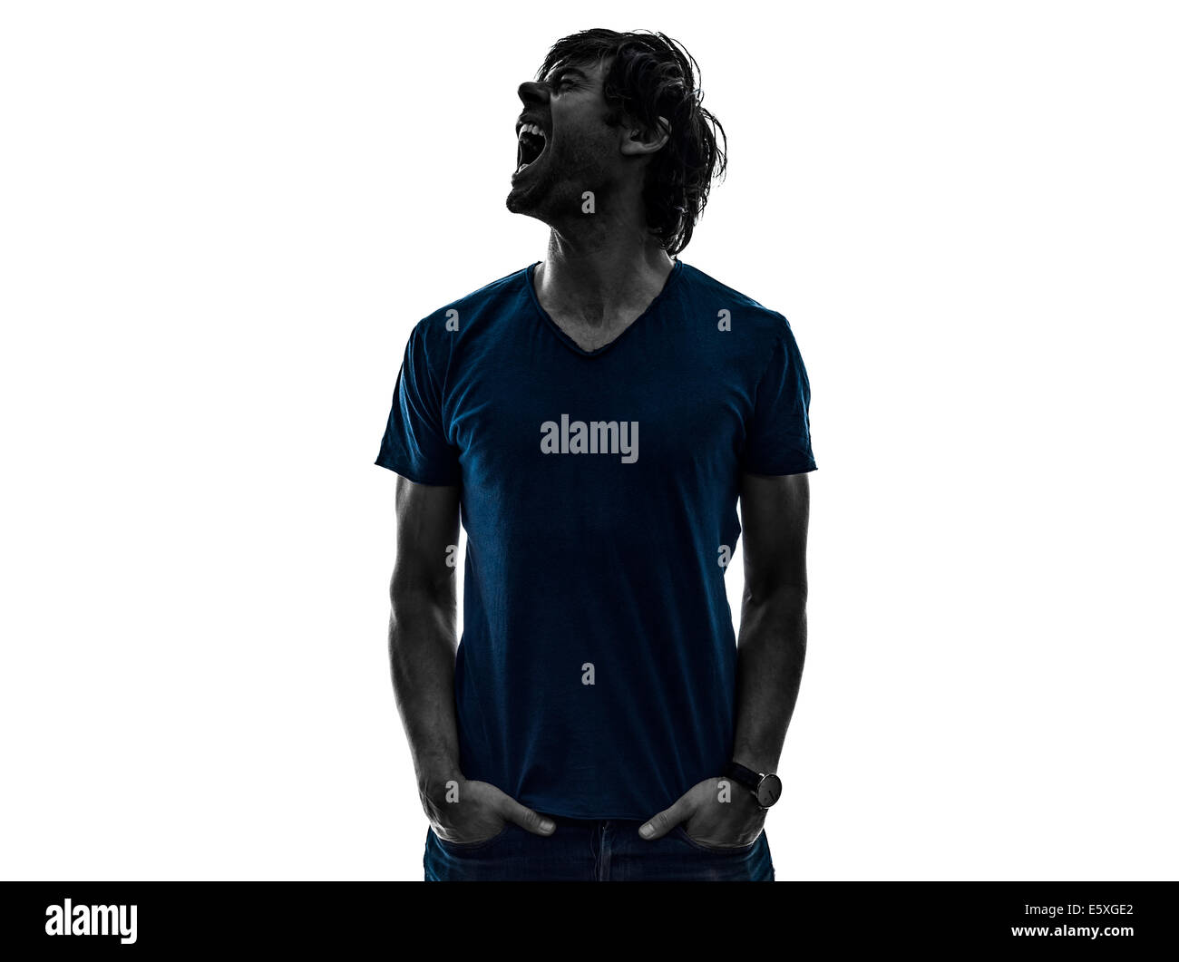 one man shouting on white background Stock Photo - Alamy