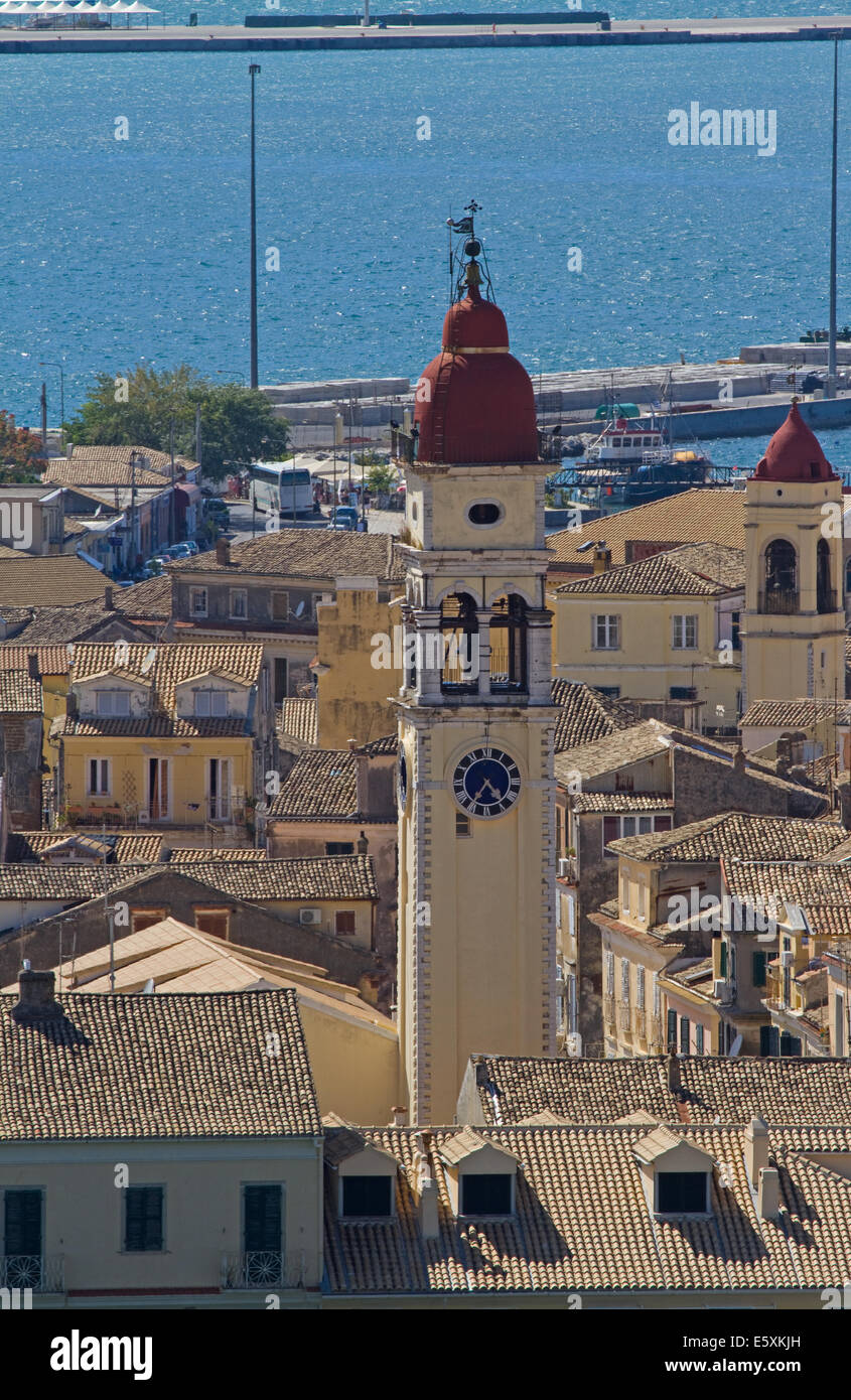 View of tower and town from Old Fort Paleo Frourio. Corfu Stock Photo ...