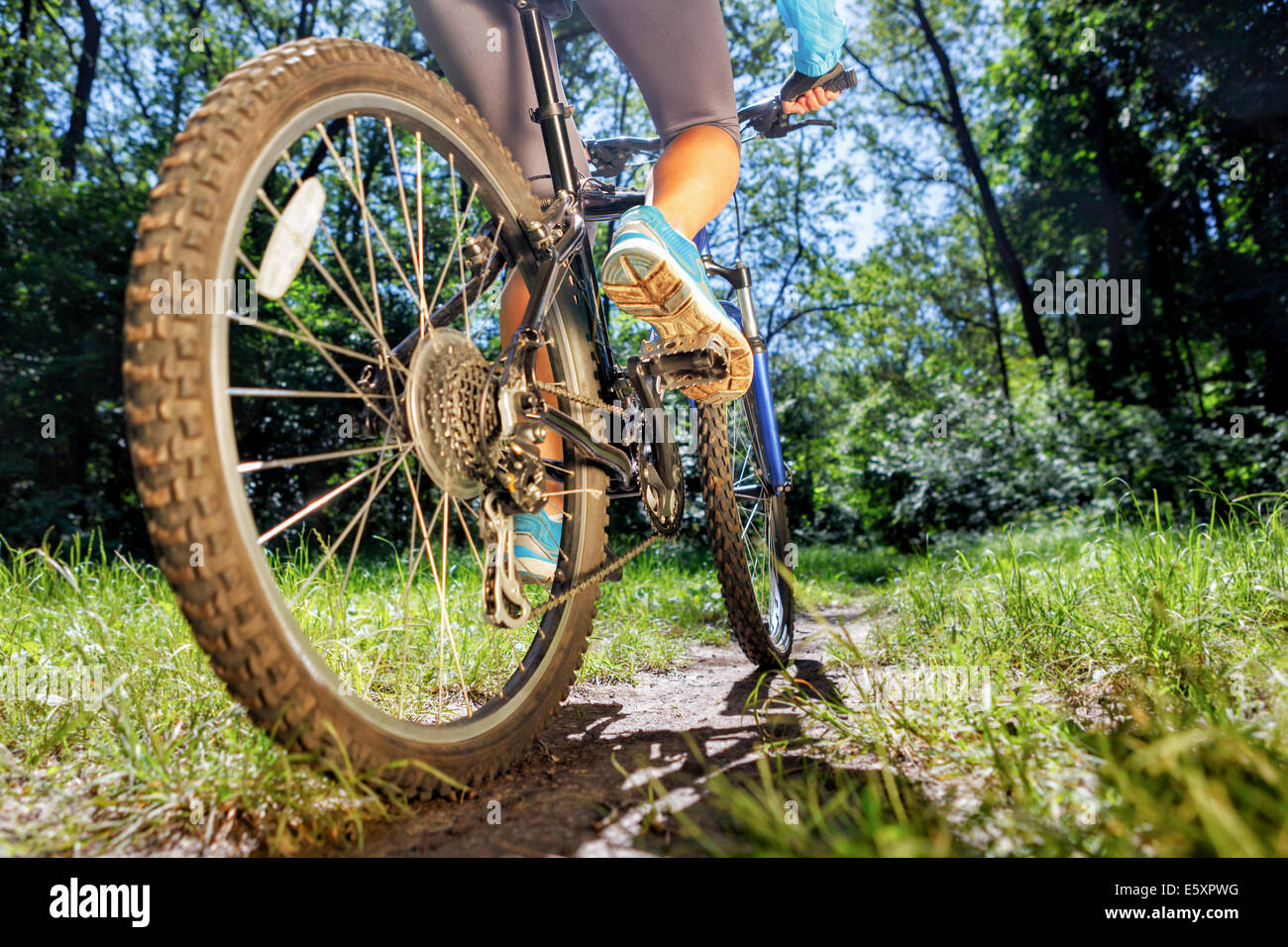 Young woman on mountain bike fast ride outdoors Stock Photo - Alamy