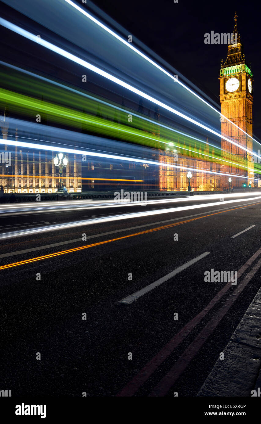 Light trails in front of Elizabeth Tower or Big Ben, London, England ...
