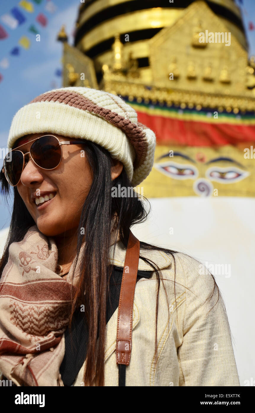 Thai women in Swayambhunath Temple or Monkey Temple with Buddha eyes or ...
