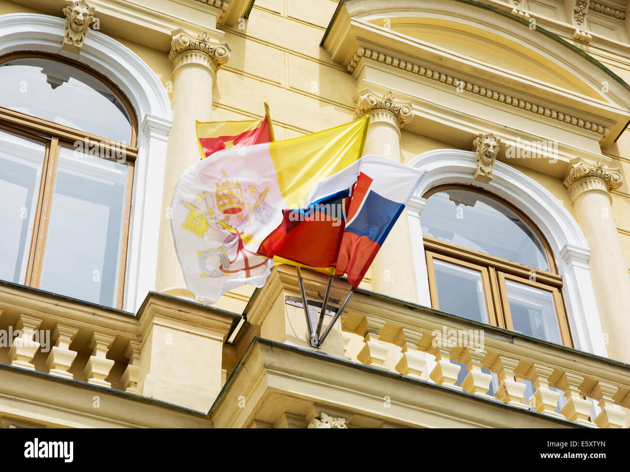 Slovak and Vatican flags on the building of the Great Seminary in Nitra ...
