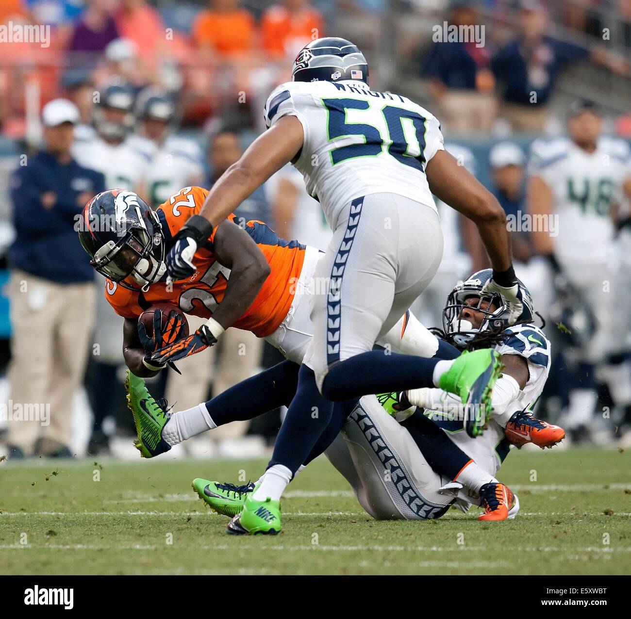 Denver, Colorado, USA. 7th Aug, 2014. Broncos RB RONNIE HILLMAN, left ...