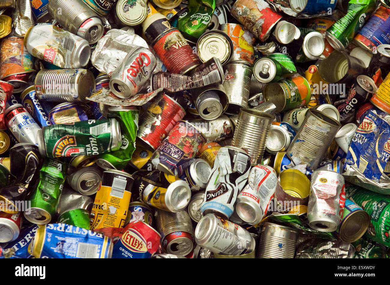 Close up on crushed food and drink cans awaiting recycling at a ...