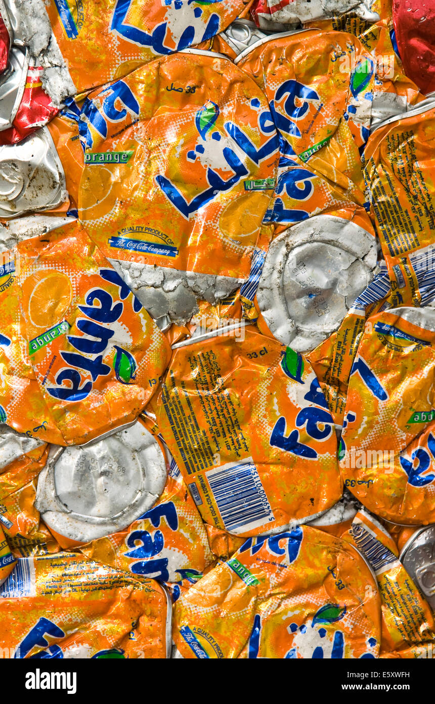 Close up on crushed food and drink cans awaiting recycling at a ...