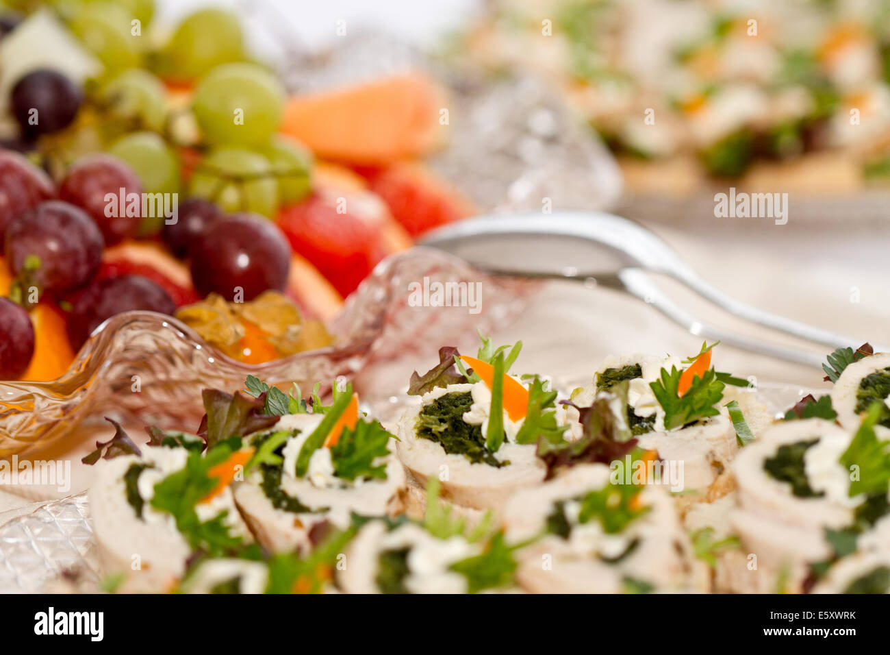 Catering service food buffet selection on white tablecloth Stock Photo ...