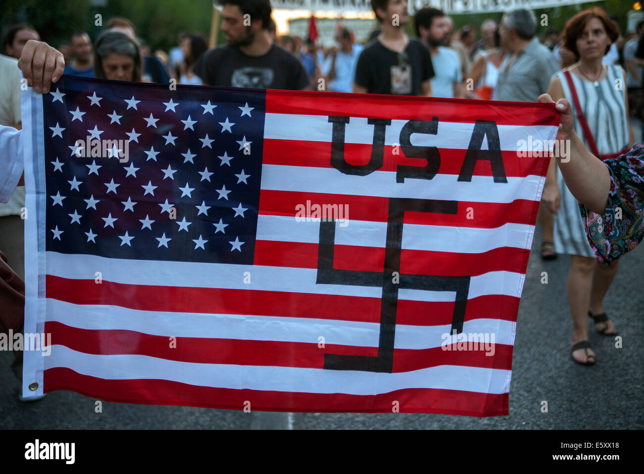 American flag with swastika. American flag during protest in Athens ...