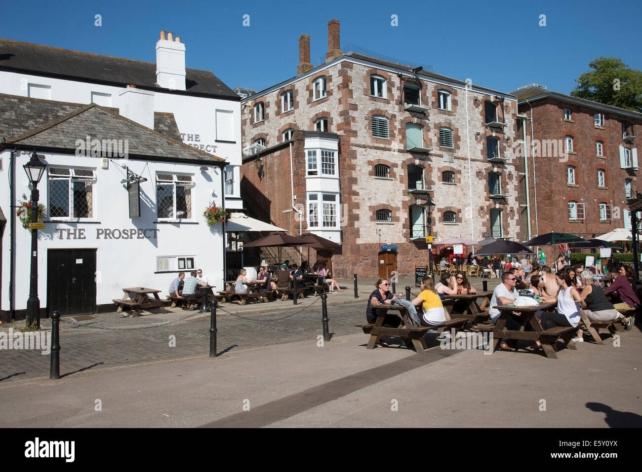 The Prospect pub and customers on Exeter Quayside Devon UK Stock Photo ...