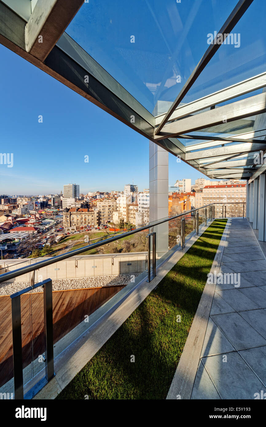 Terrace with metal and glass construction in modern building Stock ...
