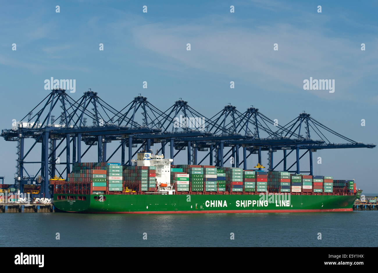 A China Shipping Line ship at the Port off Felixstowe near Harwich ...