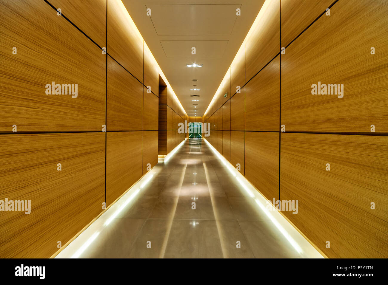 Corridor inside of modern building with wooden panels on walls Stock ...