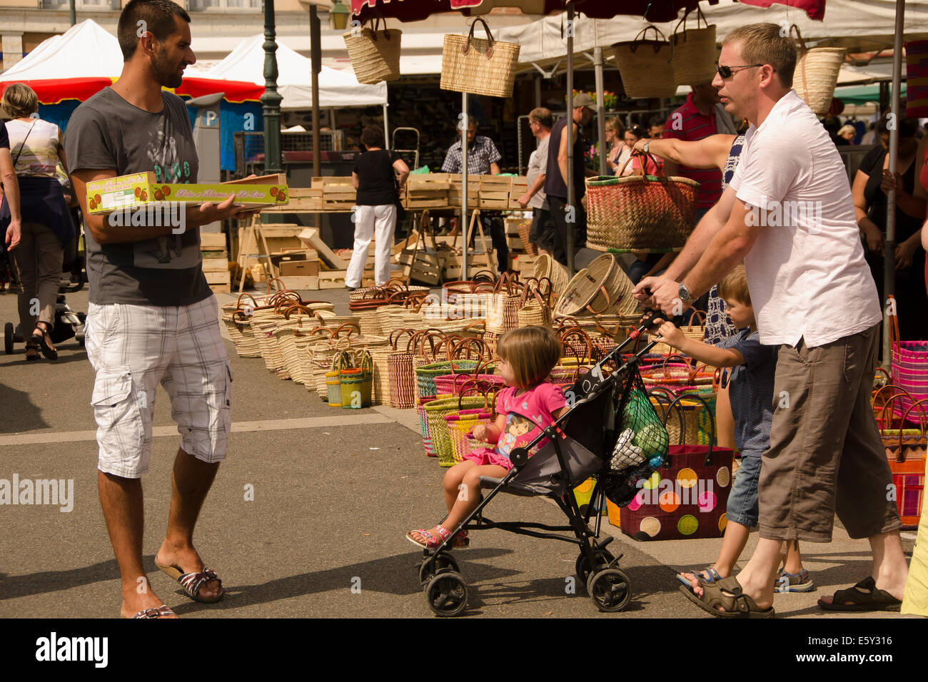 Typical French summer market scene in Moissac, southwest France Stock ...