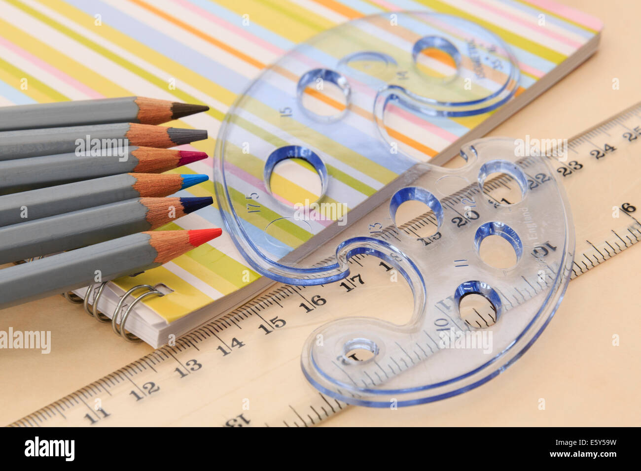 Educational equipment for drawing notebook, coloured pencils, ruler and ...