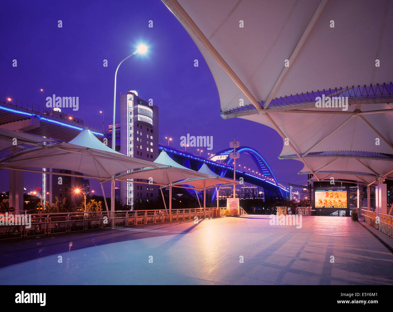 Illuminated walkway with LED screen and Lupu bridge in Shanghai, China ...