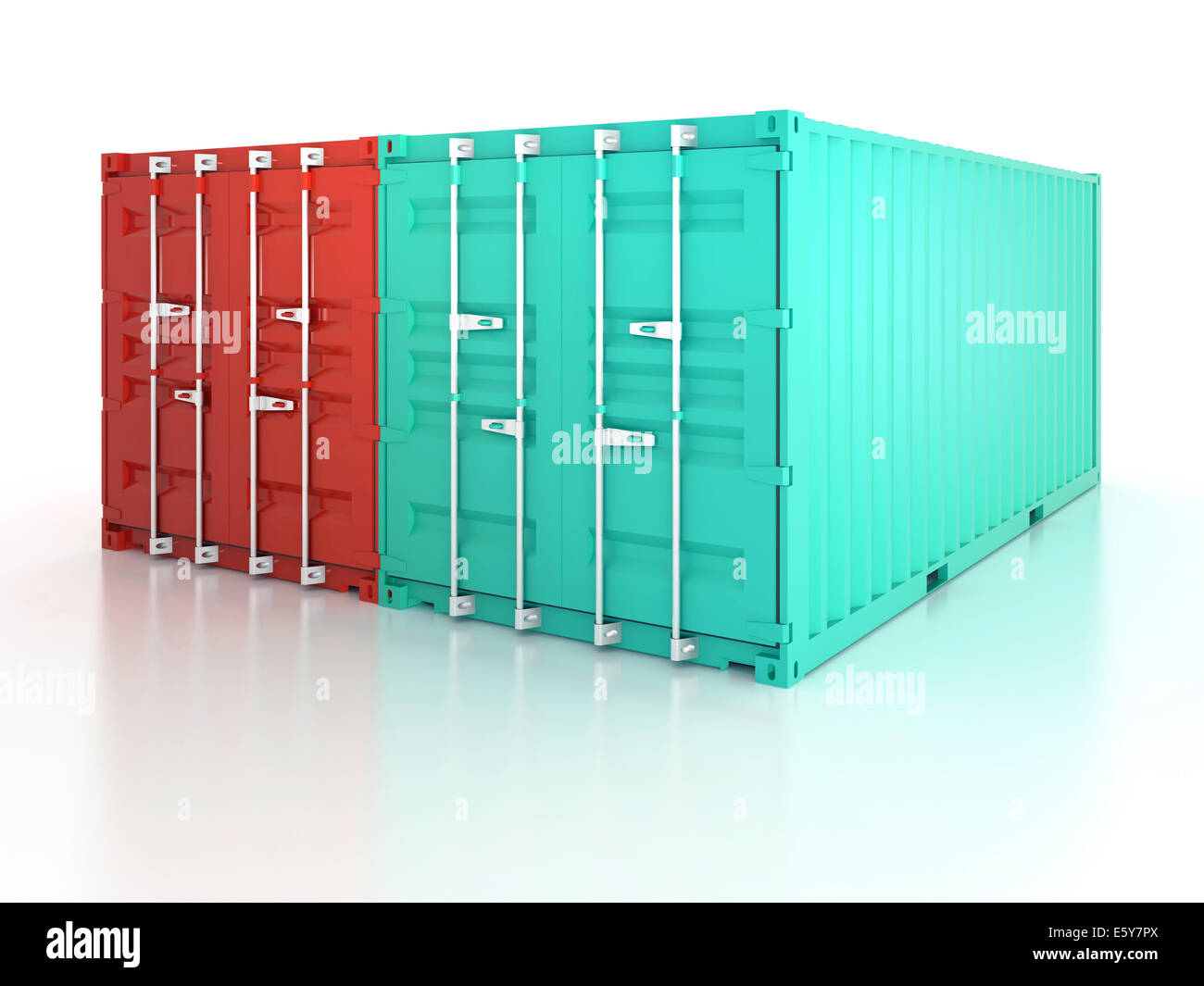 Bright red and blue clean metal freight and closed shipping containers ...