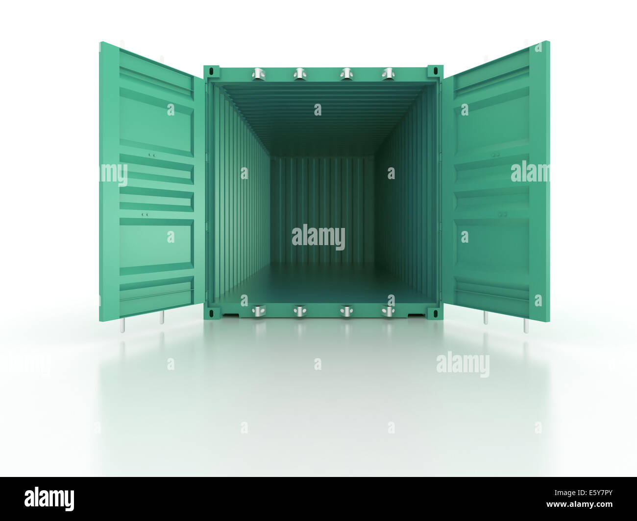Bright blue clean metal and opened shipping container on white ...