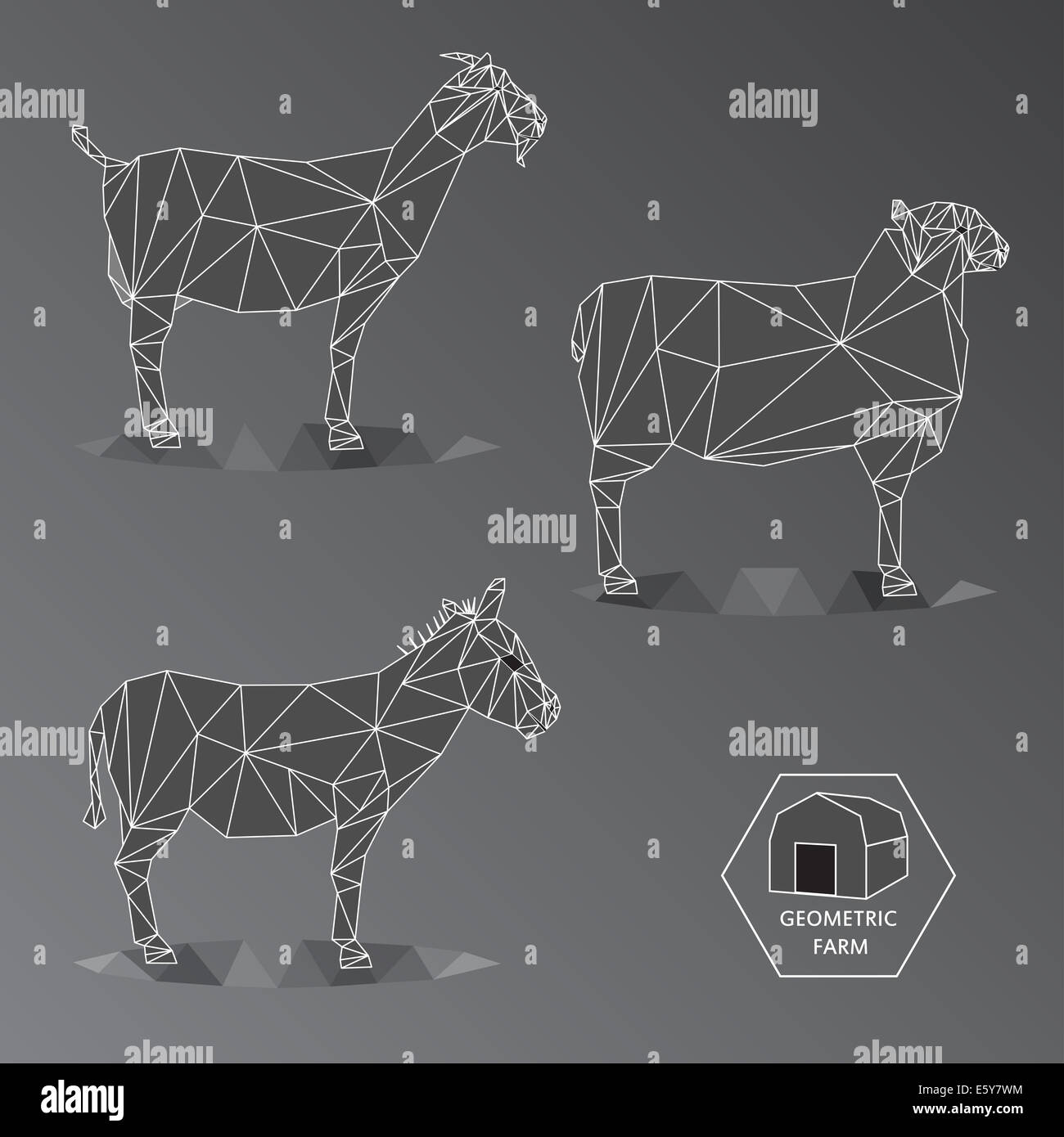 Grey scale illustration of geometric farm animals made of triangle ...