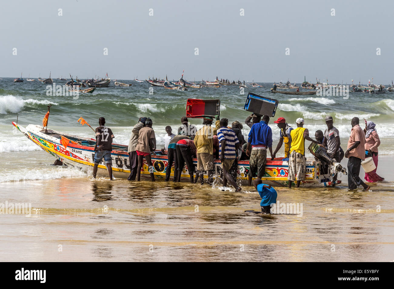 Unloading fish from Pirogues fishing boats, Kayar, Senegal Stock Photo ...