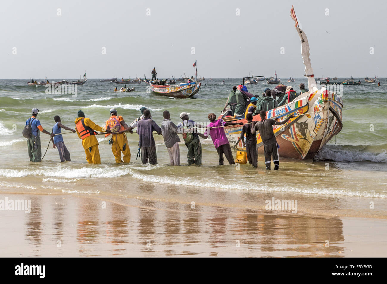Hauling a Pirogue (fishing boat) onto the beach, Kayar, Senegal Stock ...