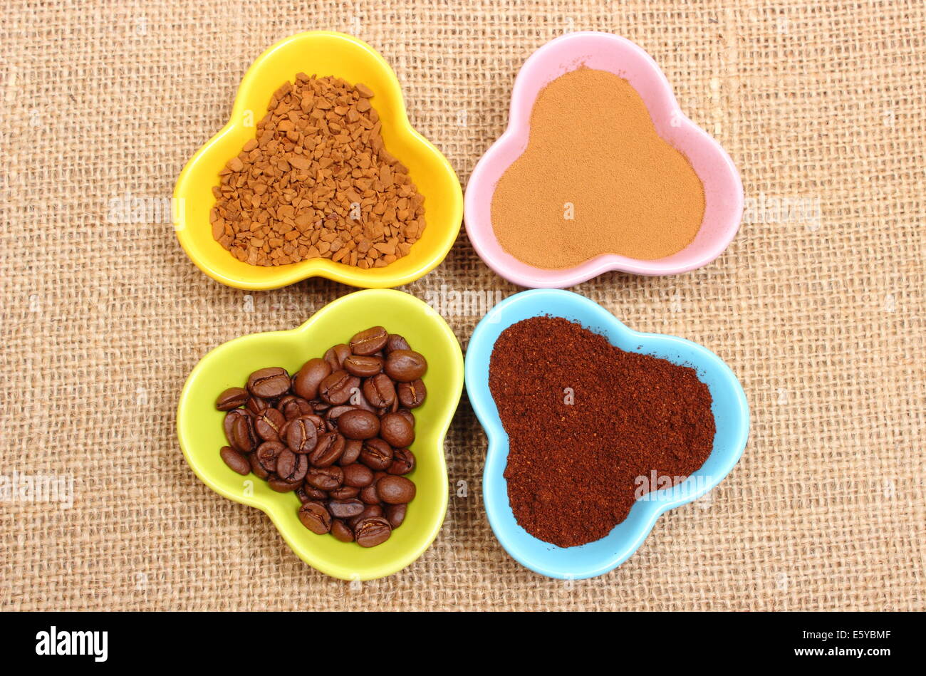 Closeup of coffee grains, ground coffee and granules of instant coffee ...
