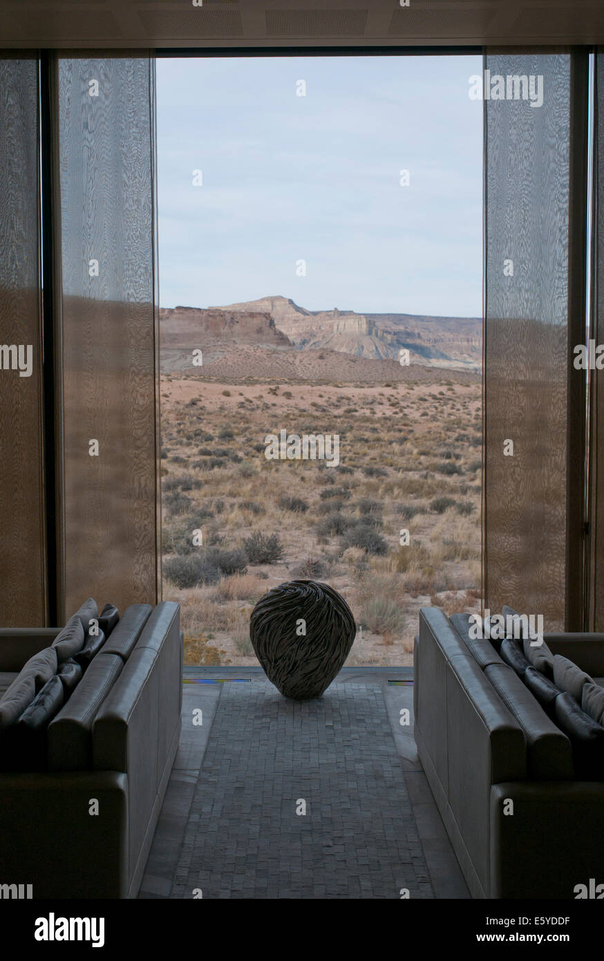 Desert viewed through from a window of a room, Amangiri, Canyon Point ...