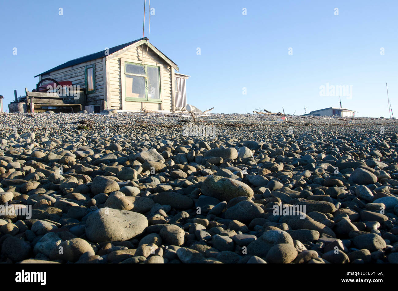 Holiday hut, Boulder Bank, Nelson, South Island, New Zealand Stock ...