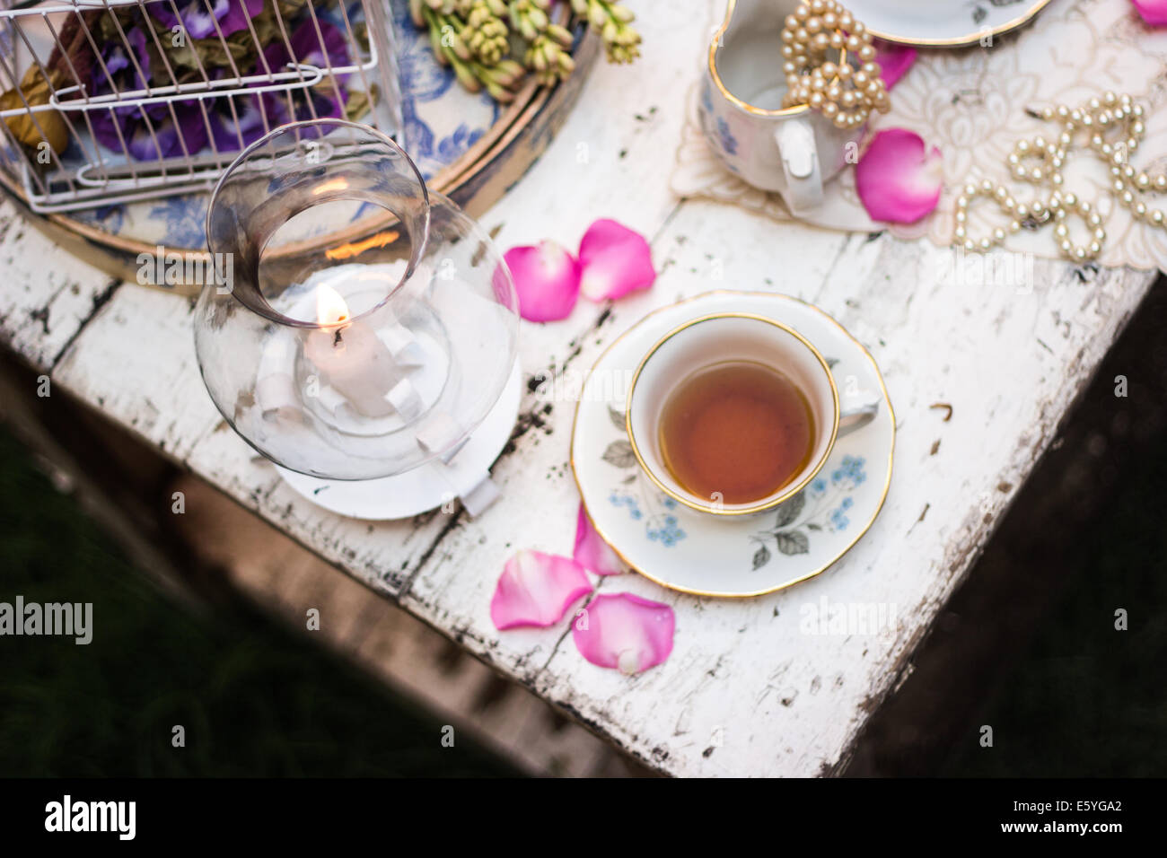 Old fashioned tea set in the garden with petals and flowers Stock Photo ...