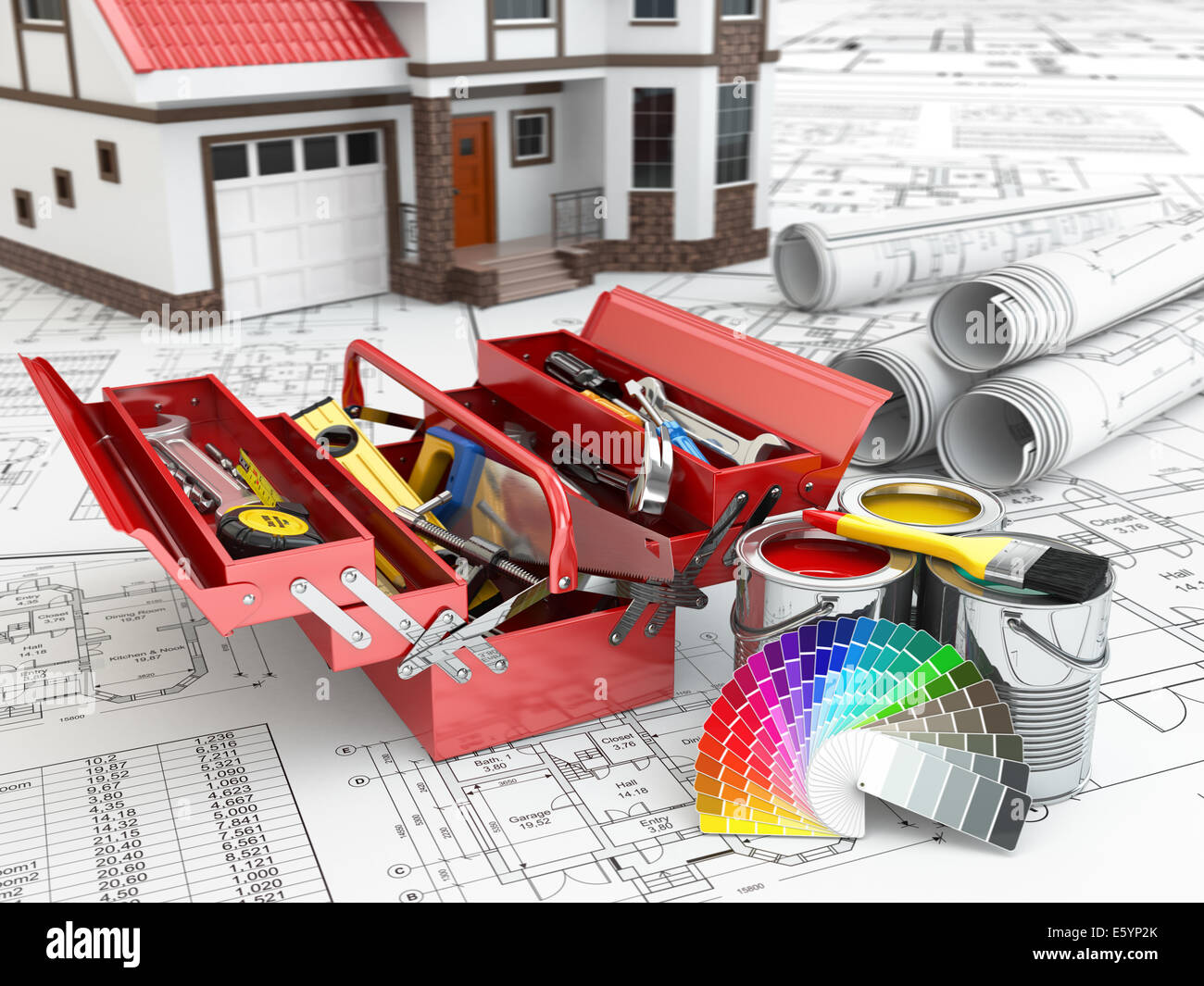 Construction and repair concept. Toolbox, paint cans and house. 3d ...
