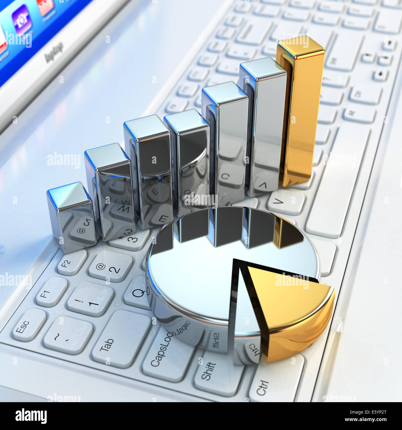 Business office concept. Graph and charts on laptop keyboard. 3d Stock ...