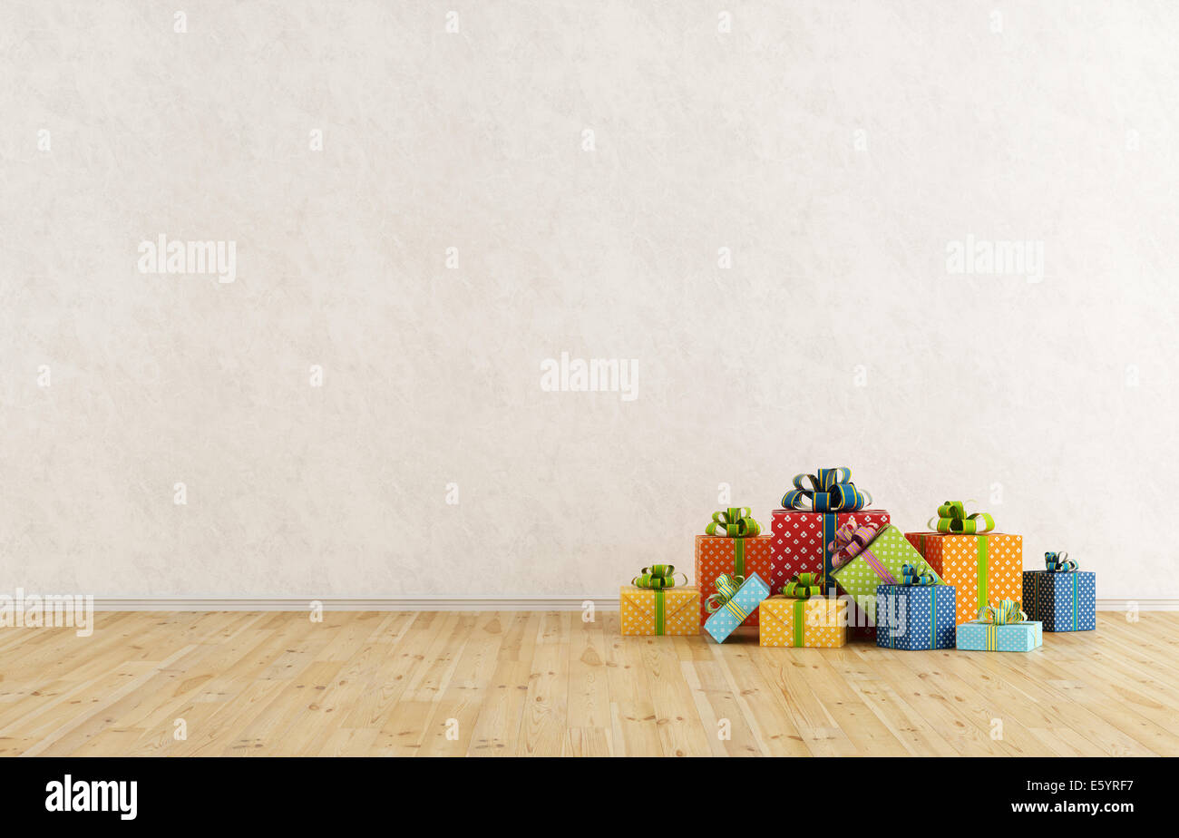 Empty room with colorful gift on wooden floor Stock Photo - Alamy