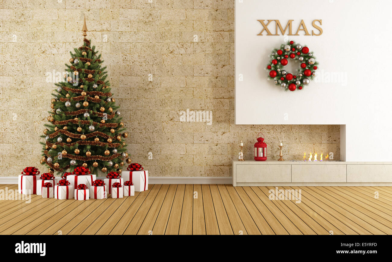 Christmas lounge with fireplace and tree with gift - rendering Stock ...