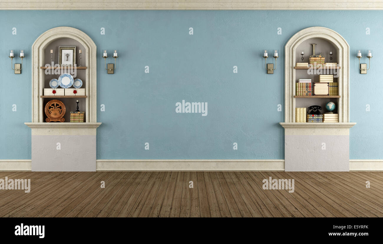 Room in classic style with arched niches with vintage objects ...