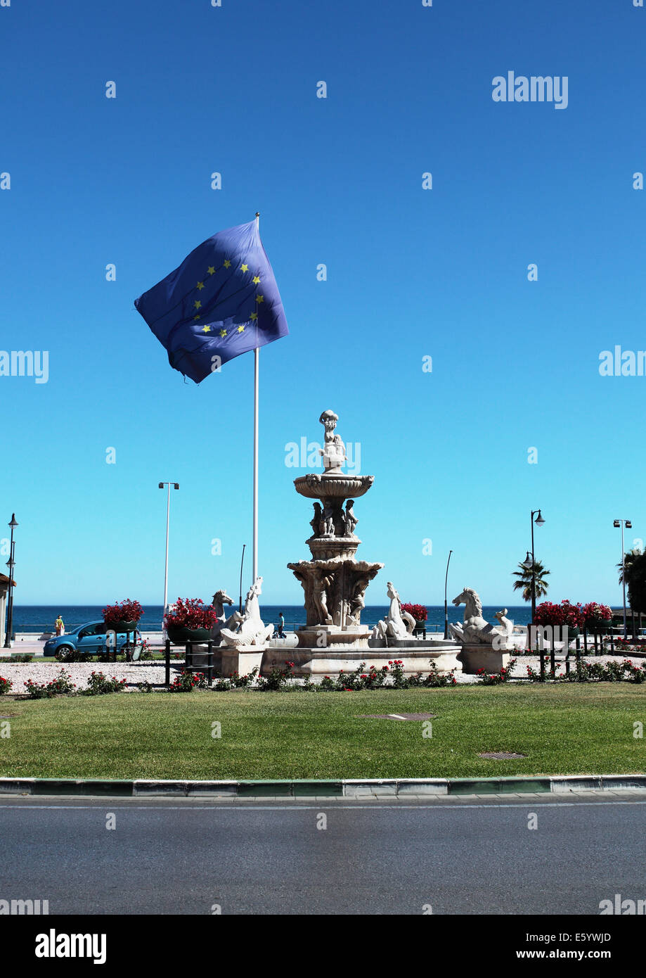 European Union flag over statue on roundabout in Estepona Spain Stock ...
