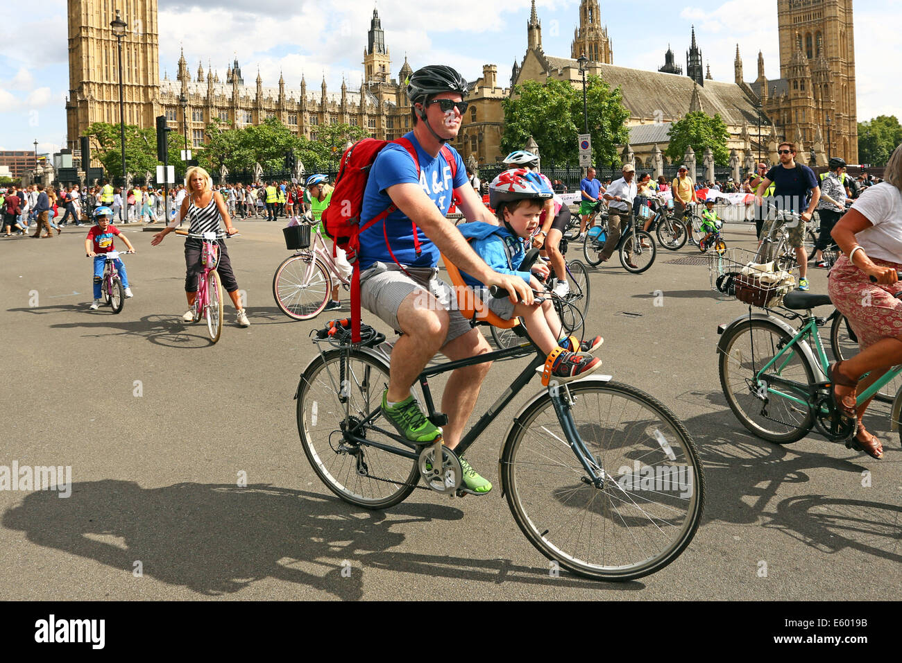 London, UK. 9th August 2014. Some of the 24,000 cyclists who took part ...