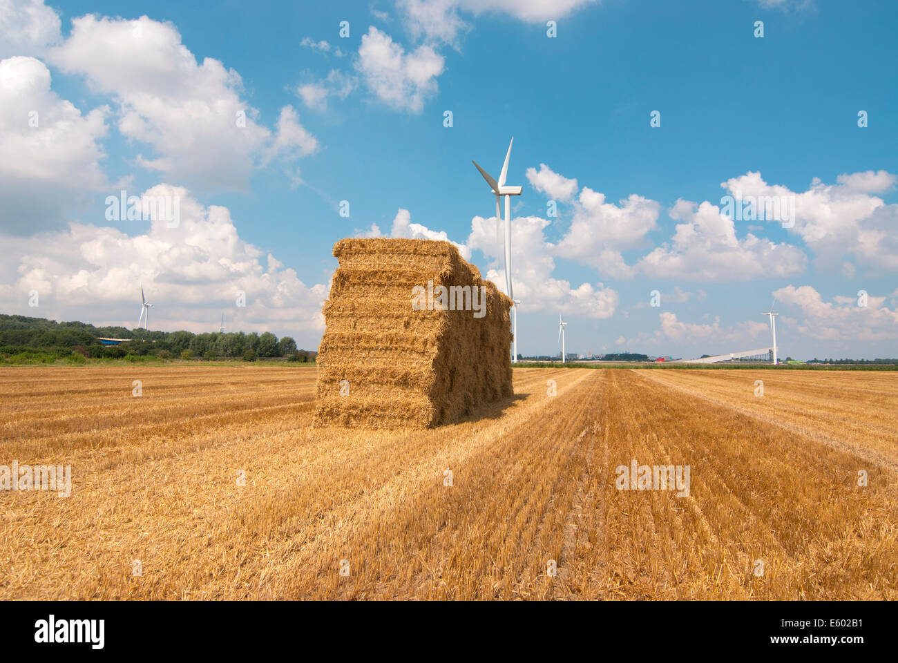 Haystack and wind turbines on farmland in summer Stock Photo - Alamy