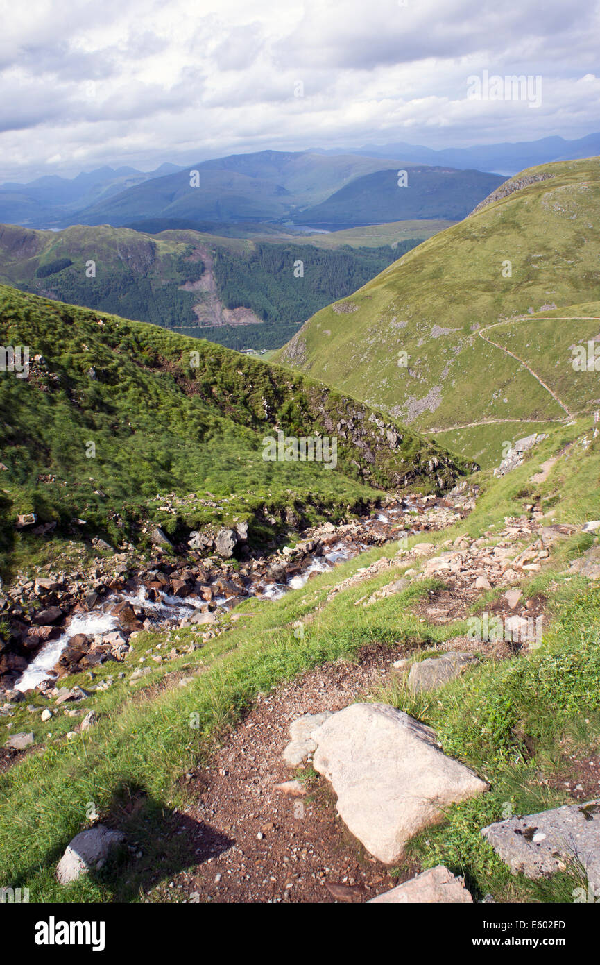 a view from Ben Nevis, showing clouds and the mountain range and stream ...